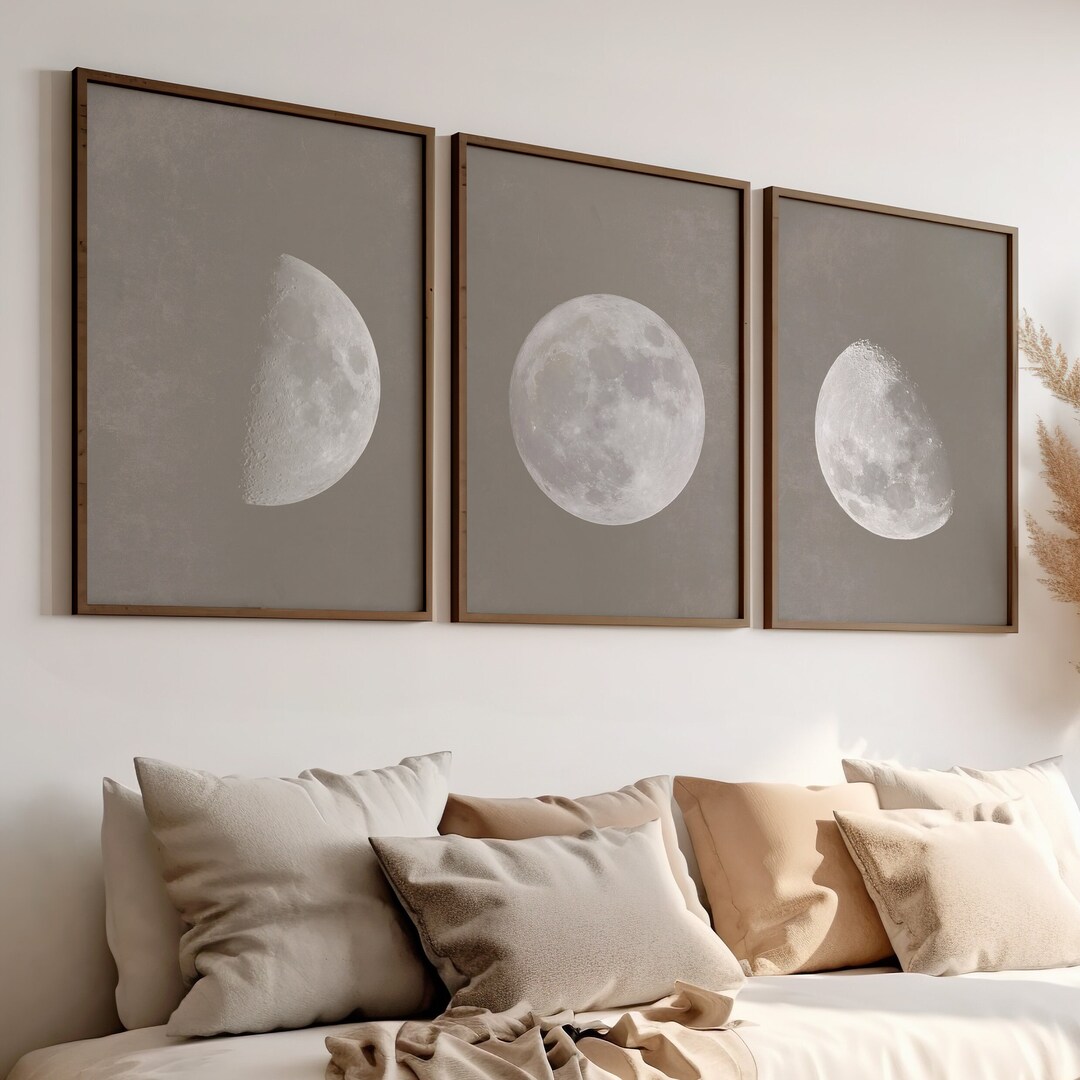 Beige Moon Phases Set of 3 Wall Art Poster or Canvas Print, Moon Art ...