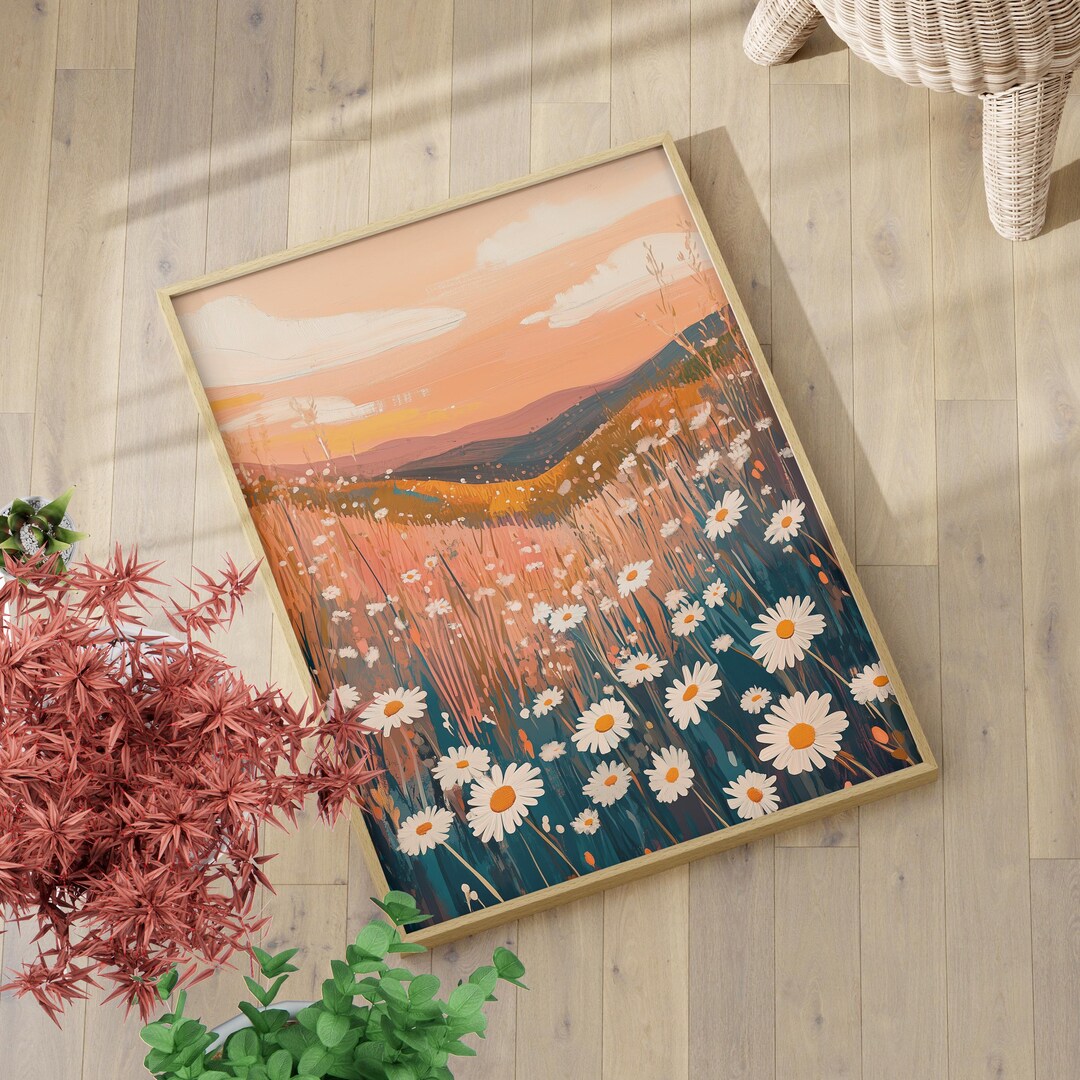 Abstract Boho Daisy Flower Field Painting Poster or Canvas Print ...