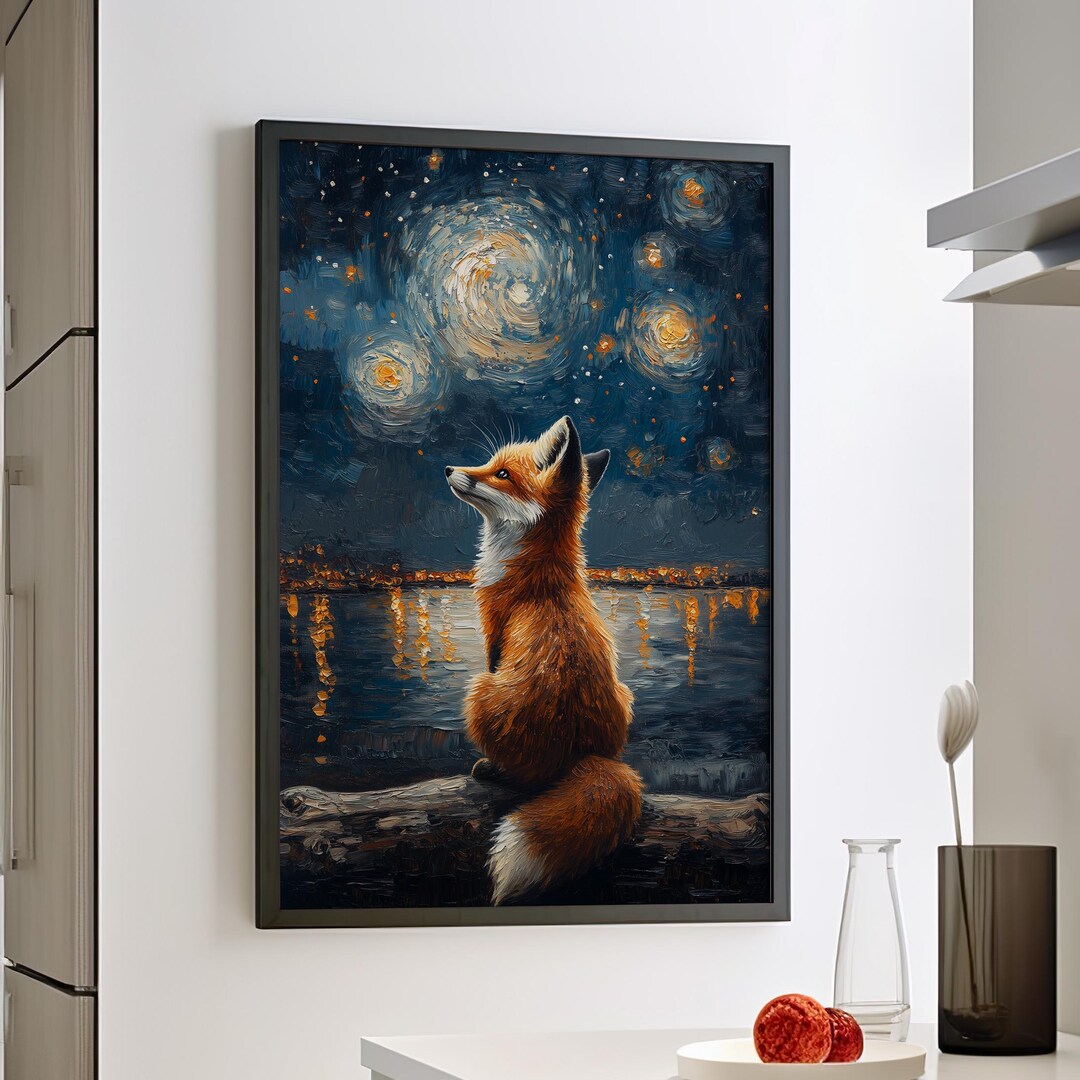 Red Fox Portrait Starry Night Sky Van Gogh Inspired Oil Painting Poster ...