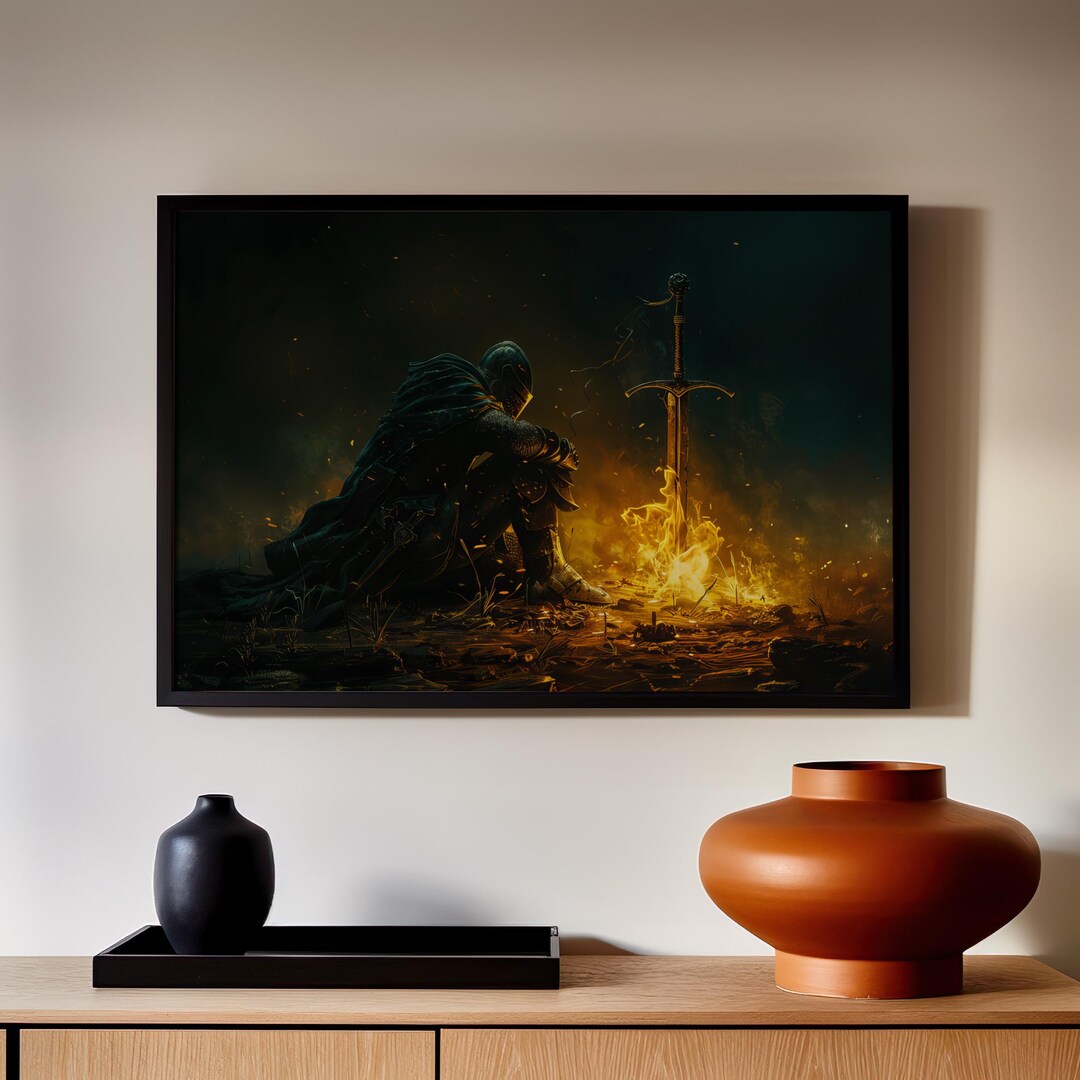 Knight Resting at A Bonfire Sword Blazing Dark Video Game Fantasy Style ...