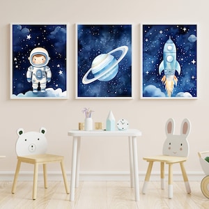 Watercolor Space Wall Art Set of 3, Astronaut Spaceship Planet Print ...