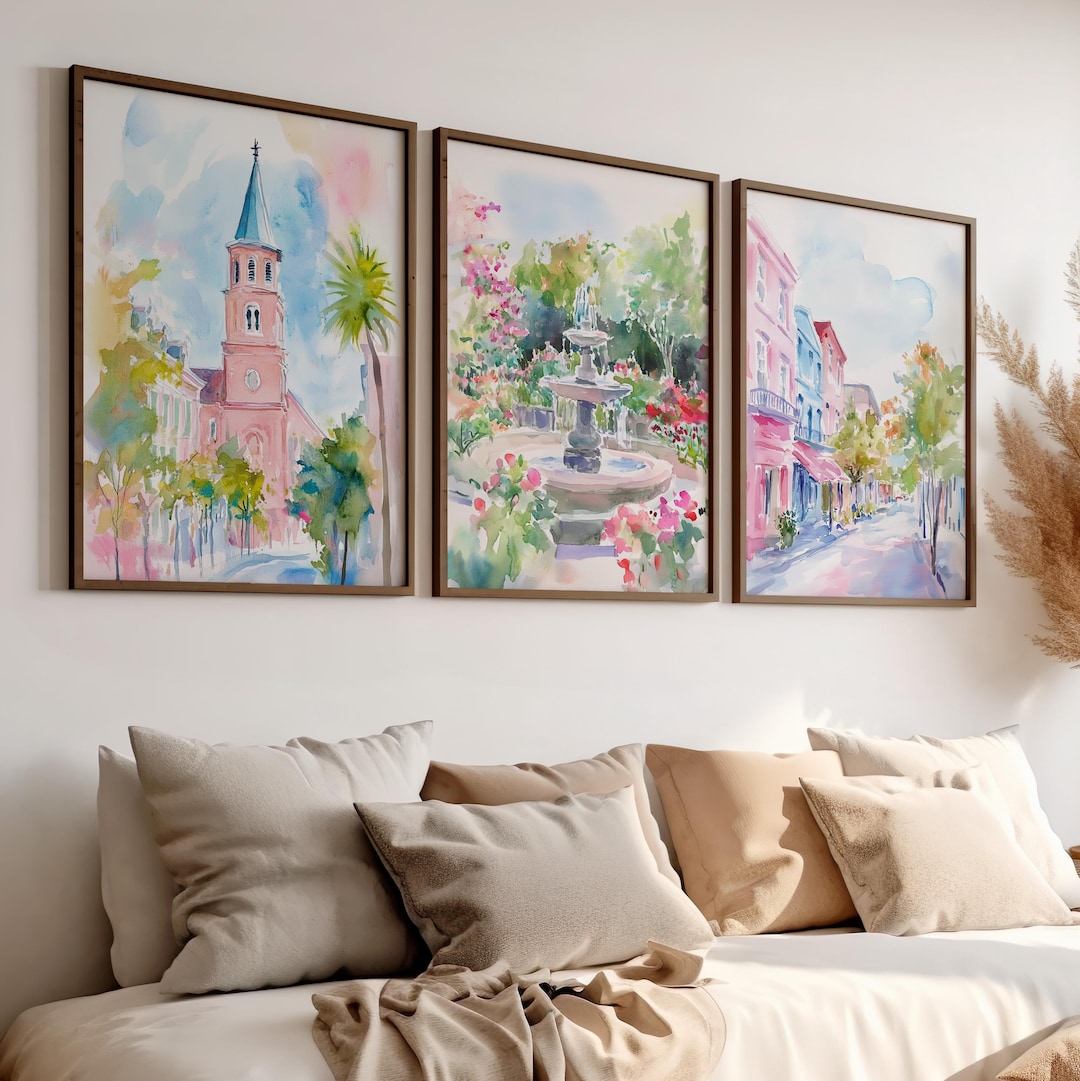 Cityscape Charleston SC Set of 3 Art Poster or Canvas Print, Rainbow ...