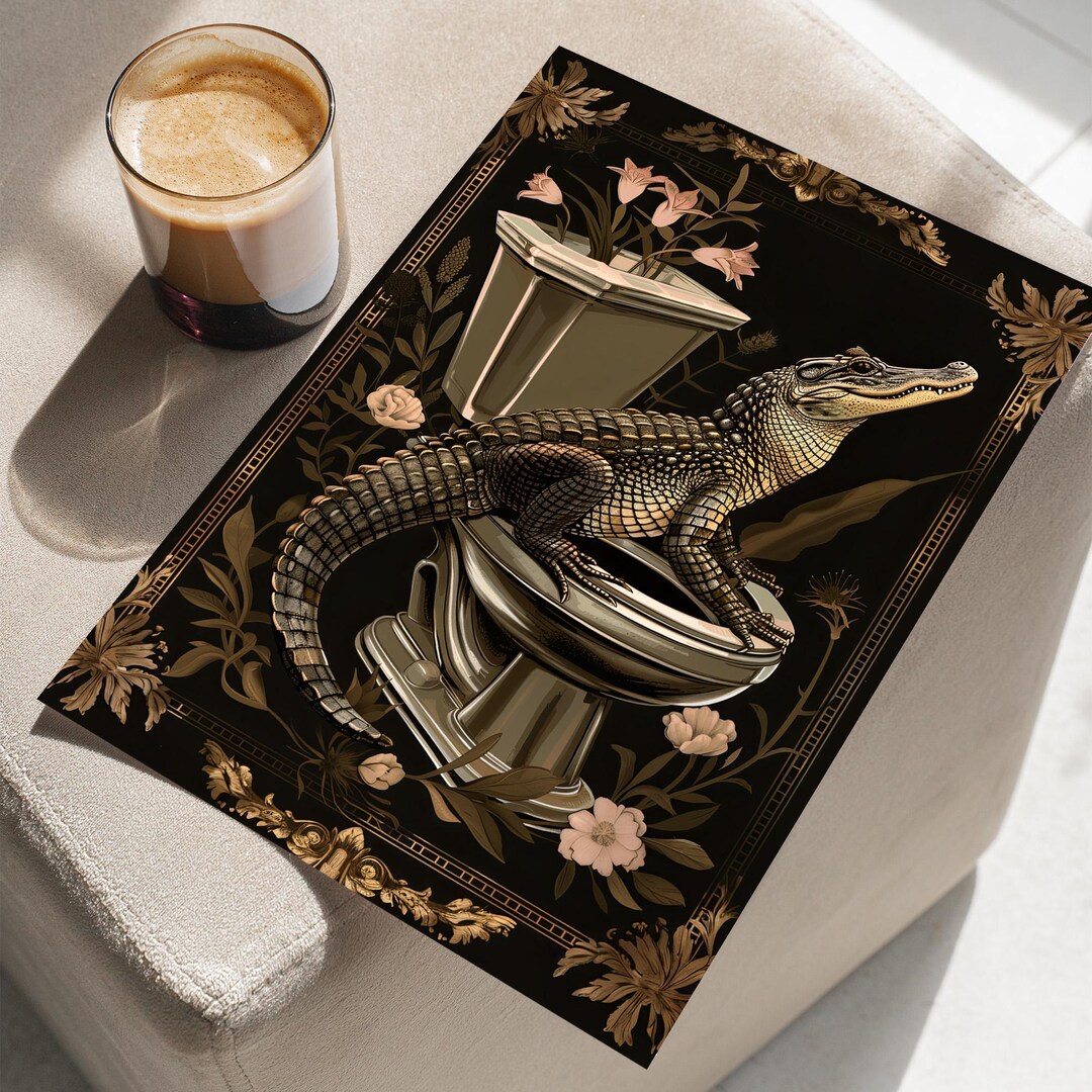 Botanical Alligator on the Toilet Floral Vintage Style Whimsical Wall ...