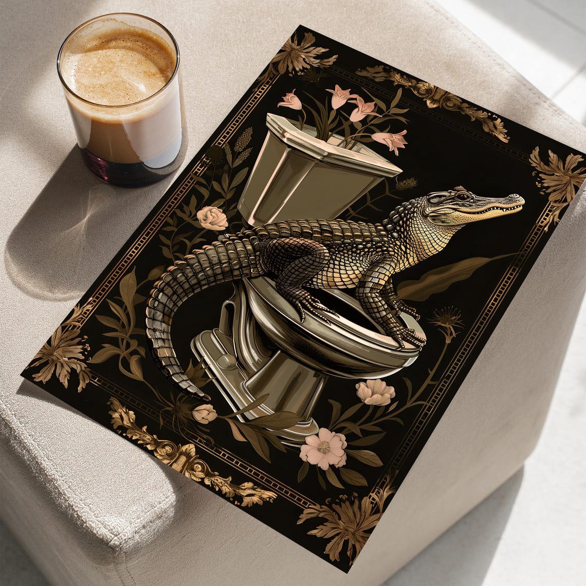Botanical Alligator on the Toilet Floral Vintage Style Whimsical Wall ...