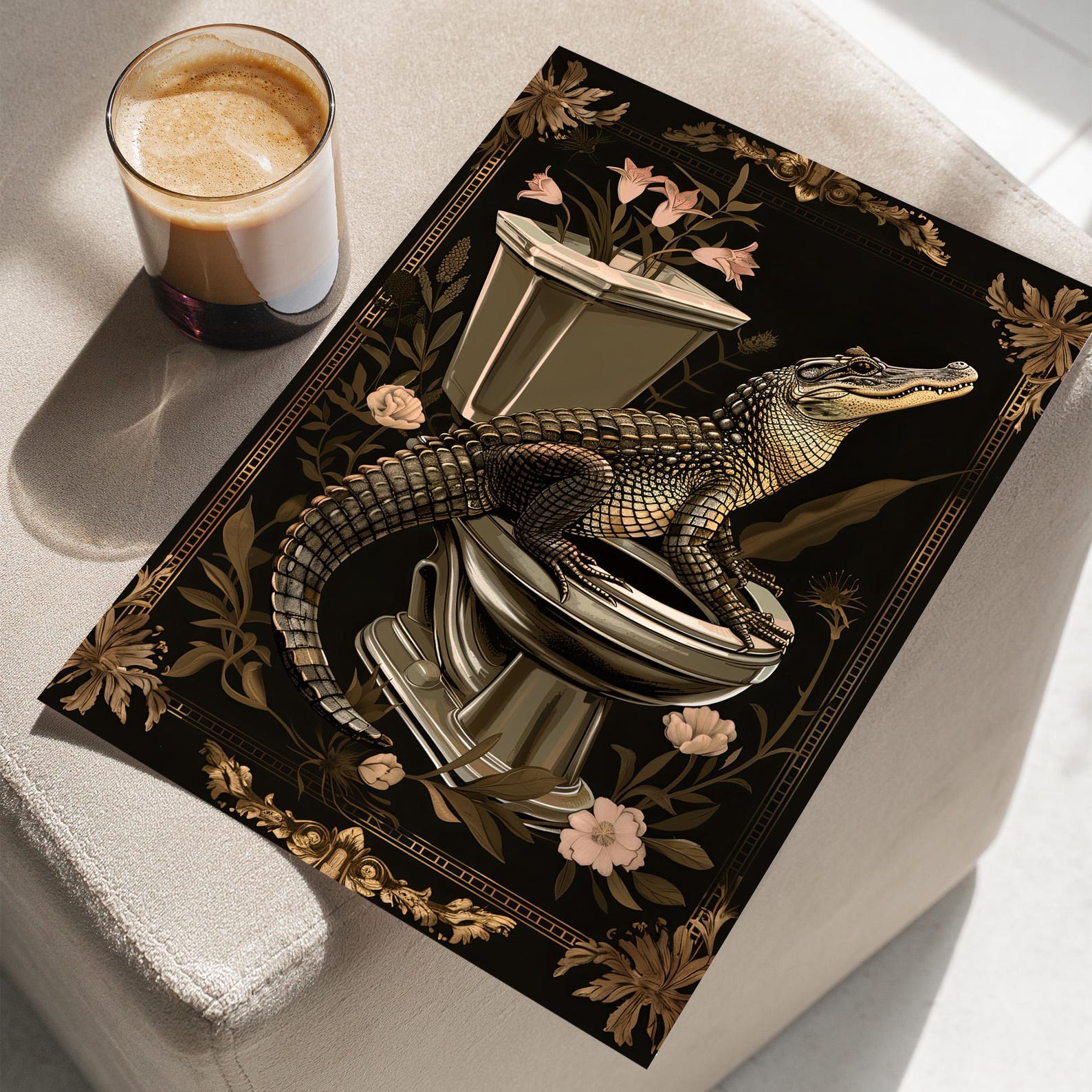 Botanical Alligator on the Toilet Floral Vintage Style Whimsical Wall ...