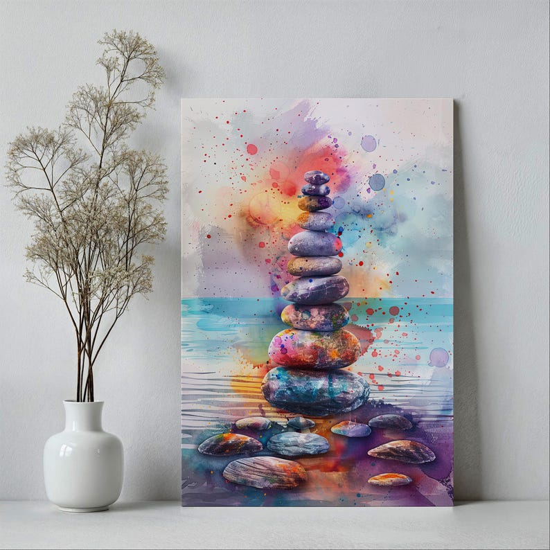 Zen Stones Stack Watercolor Painting Ocean Art Print Poster or Canvas ...