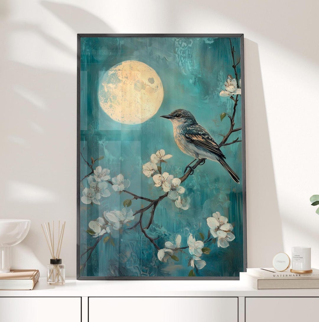 Vintage Nightingale on Moonlit Branch William Morris Inspired Oil ...