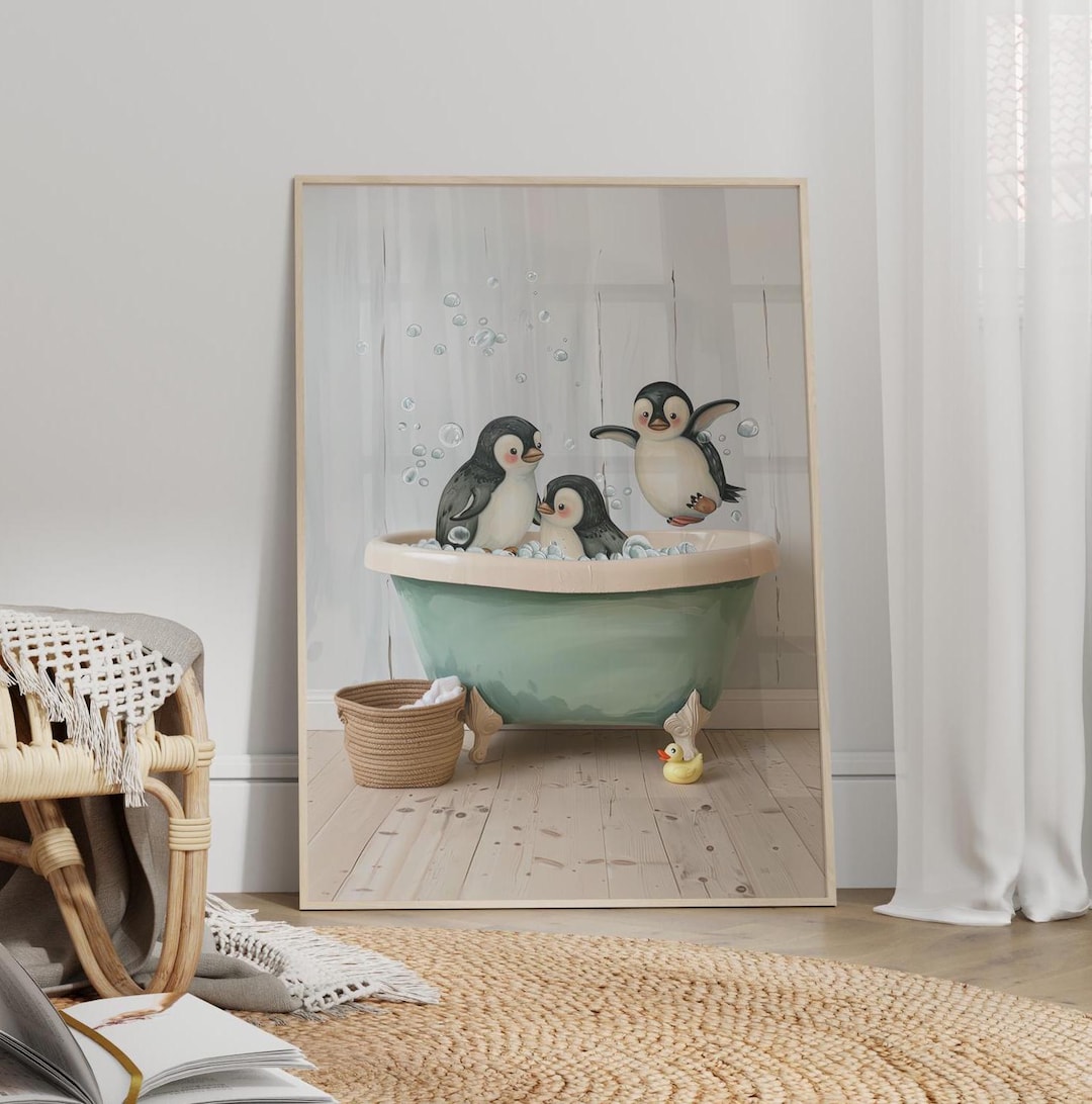 Three Penguins in the Bathtub Vintage Art Nursery Wall Decor Poster or ...