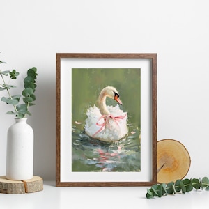 Aesthetic Swan With a Pink Bow Painting or Canvas, Vintage Swan ...