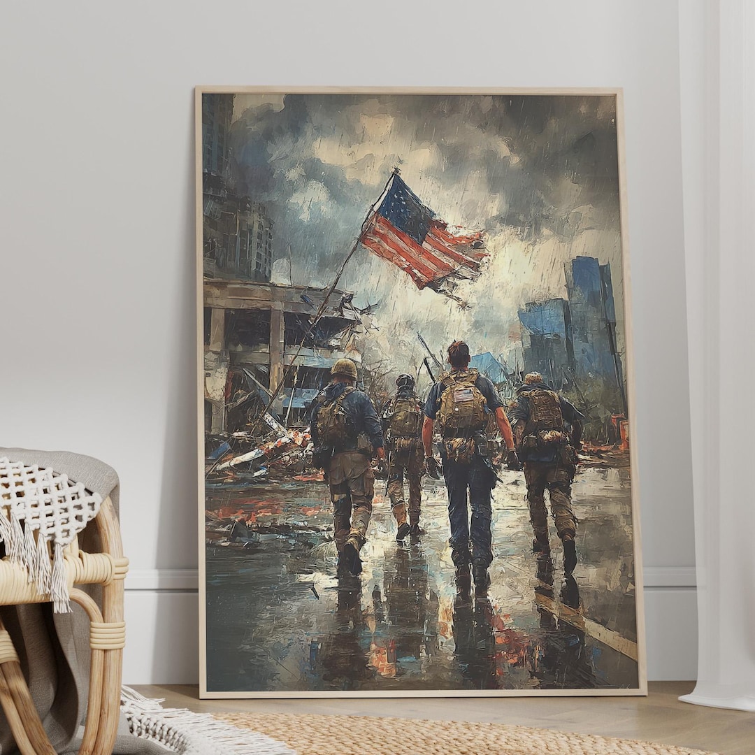 Soldiers and American Flag Watercolor Painting Poster or Canvas Print ...