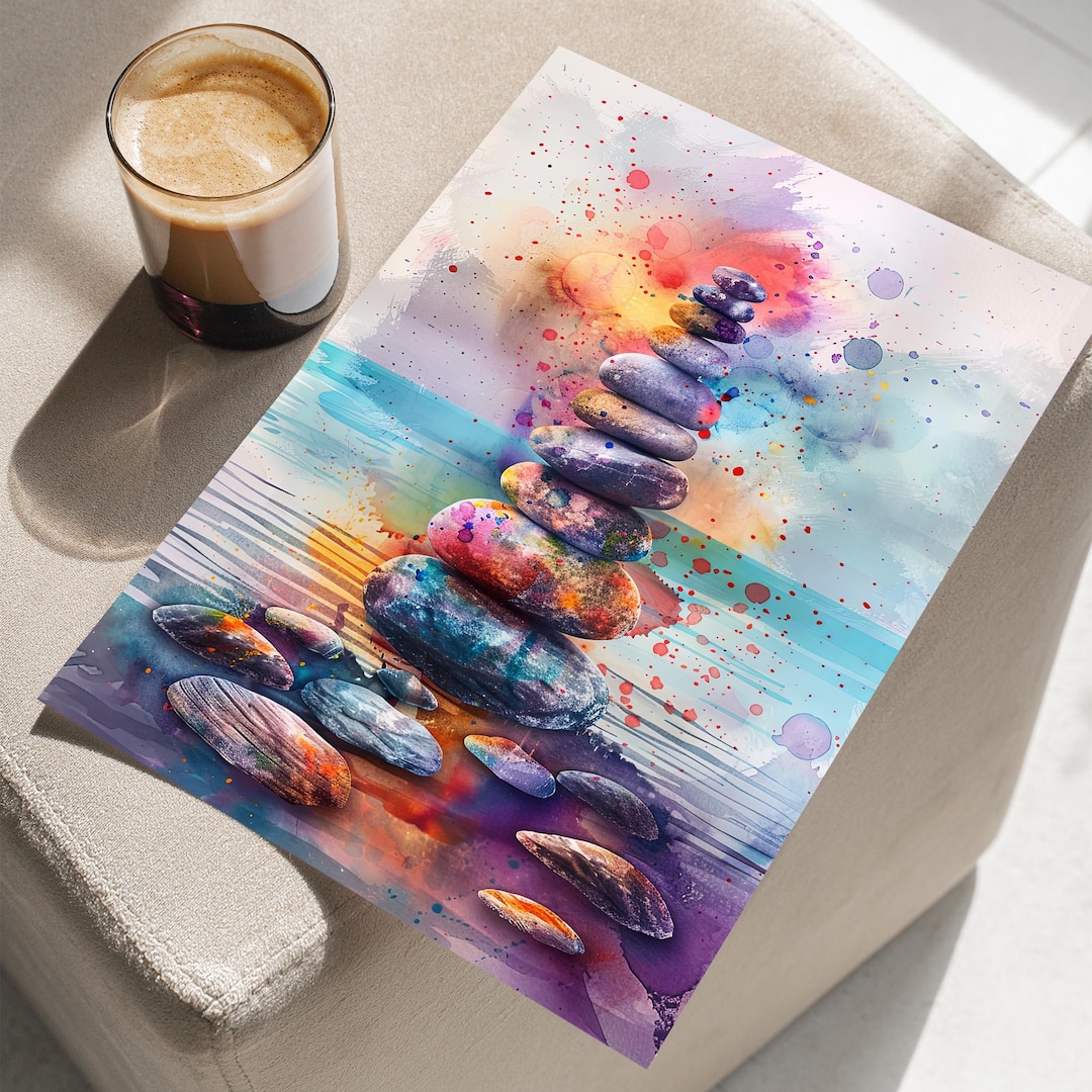 Zen Stones Stack Watercolor Painting Ocean Art Print Poster or Canvas ...