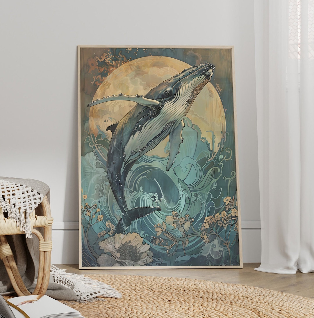 Great Humpback Whale Portrait Poster or Canvas Print, Vintage Floral ...