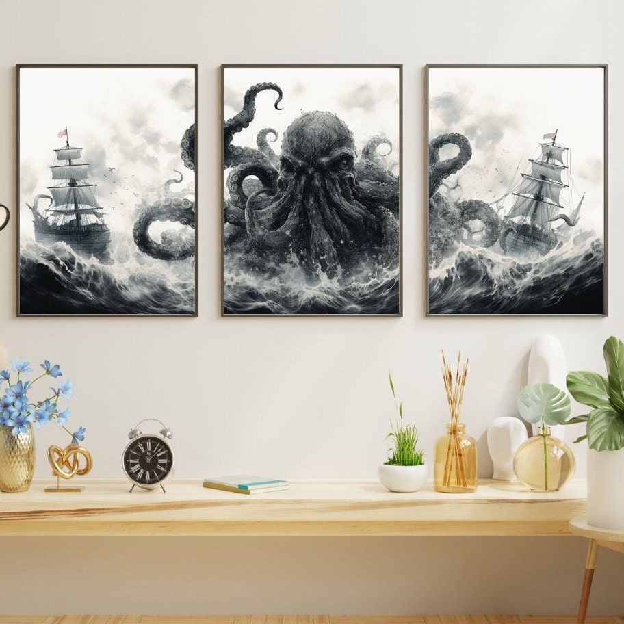 Rustic Monochrome Kraken 3 Piece Wall Art Print Set , Kraken Wreaking ...