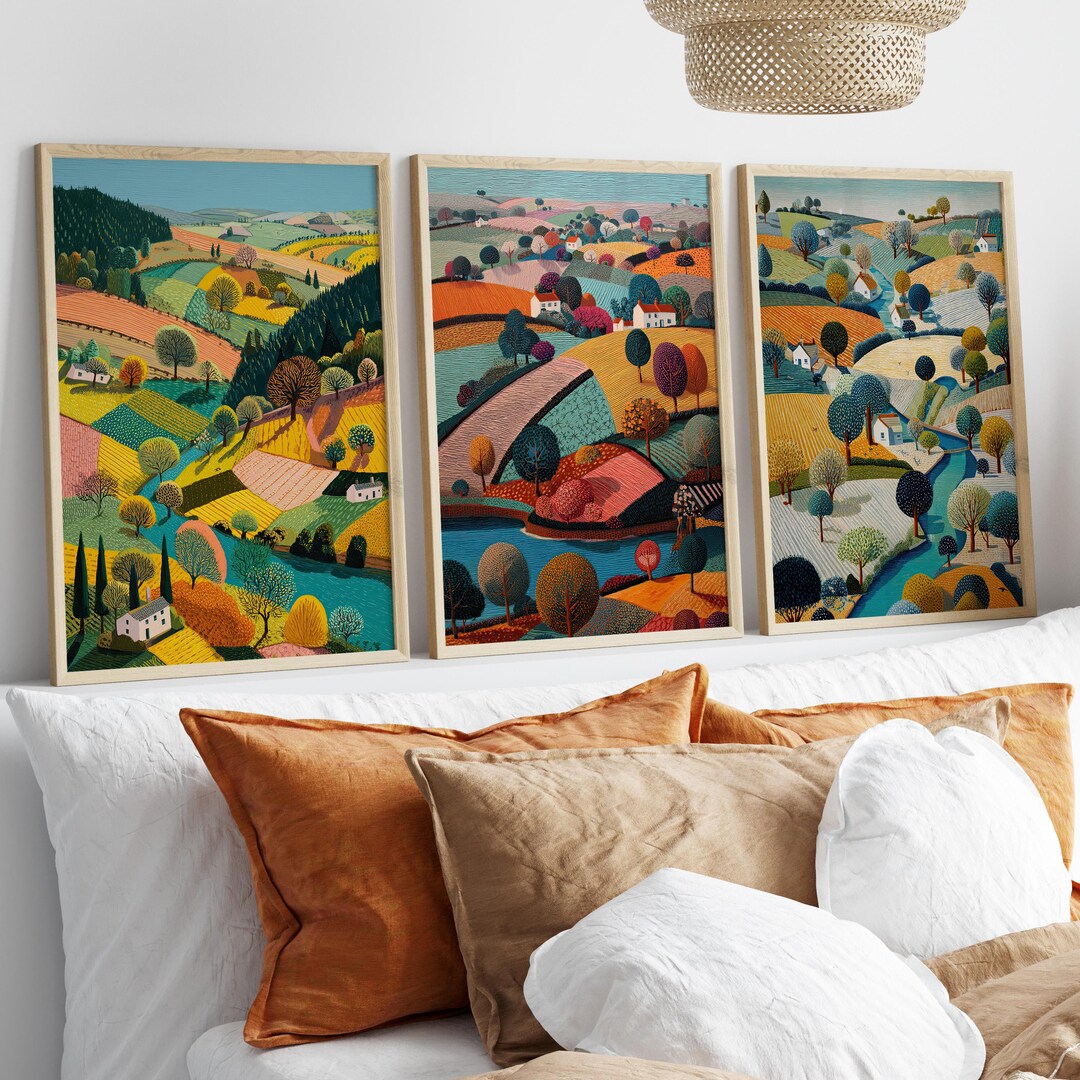 Vibrant Countryside Landscape Art Print Poster or Canvas Print, Naïve ...