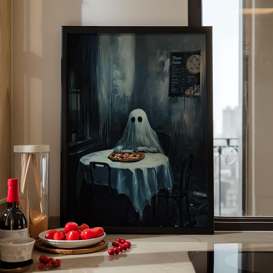 Ghost Eating Pizza Oil Painting Moody Wall Art Poster or Canvas Print ...