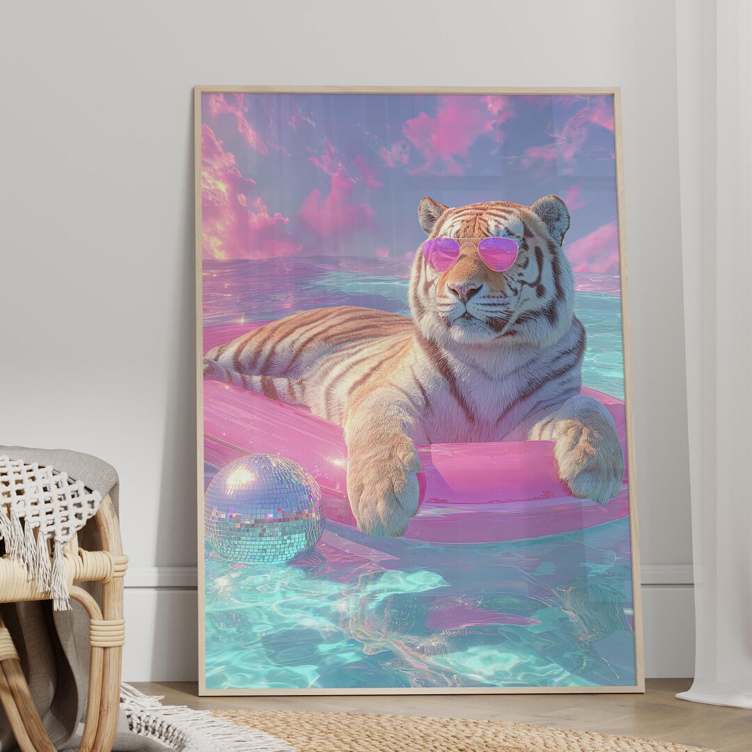 Funky Tiger Pool Party Poster or Canvas Print, Pink Swimming Tiger ...