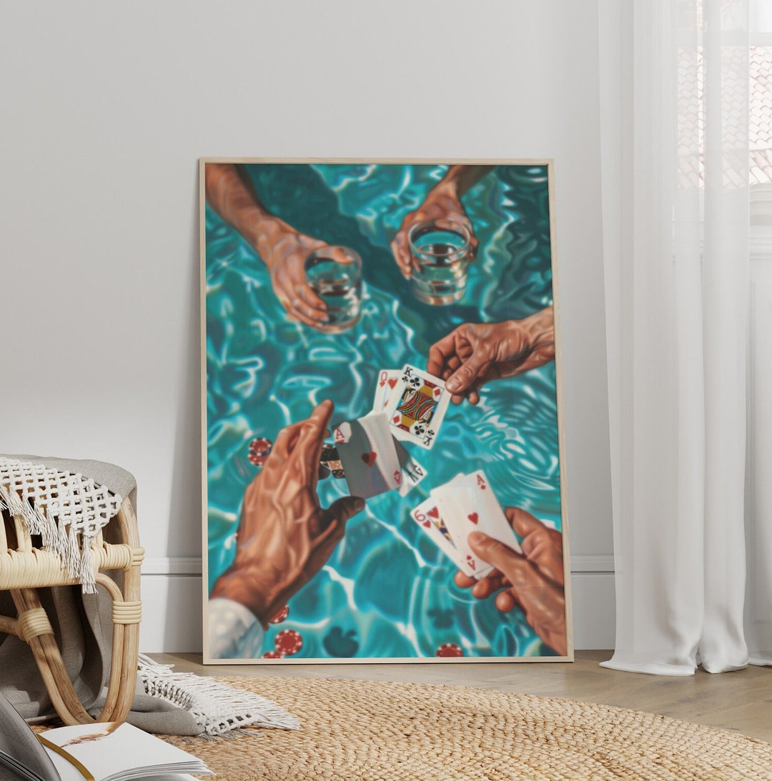 Playing Poker Cards in the Pool Art Print, Martini Cocktail Glass ...