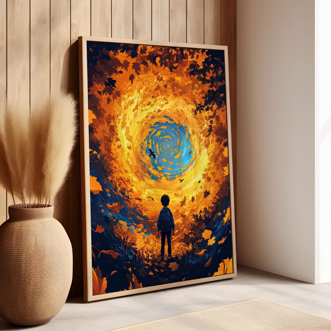 Boy in the Center of the Swirling Autumn Leaves Wall Art Poster or ...