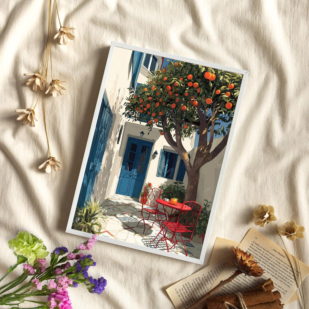 Sunny Mediterranean Courtyard With Orange Tree Art Poster or Canvas ...