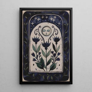 Moon Face With Flowers Folk Art Illustration Wall Decor or Canvas, Moon ...