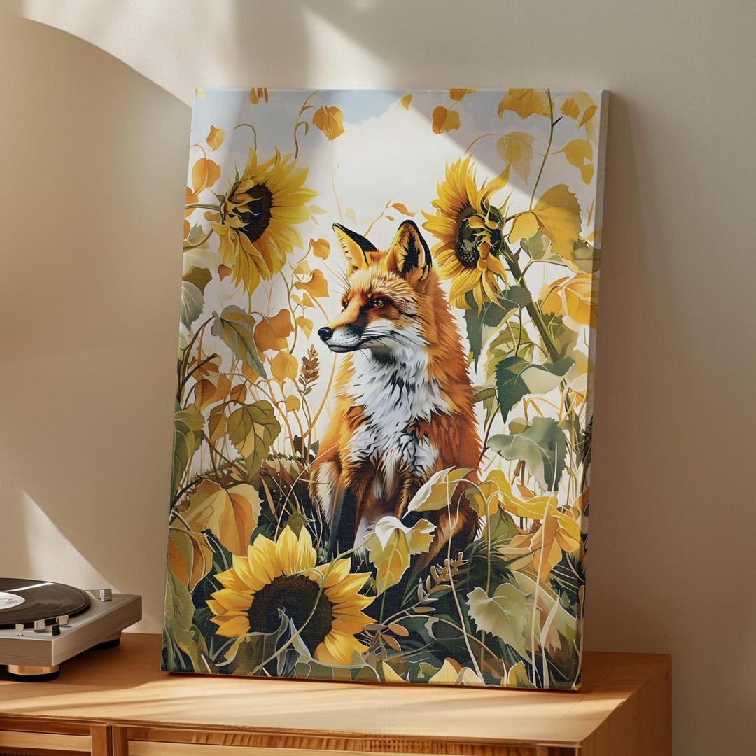 Fox in Sunflowers Field Poster Art Print or Canvas, Botanical Fox ...