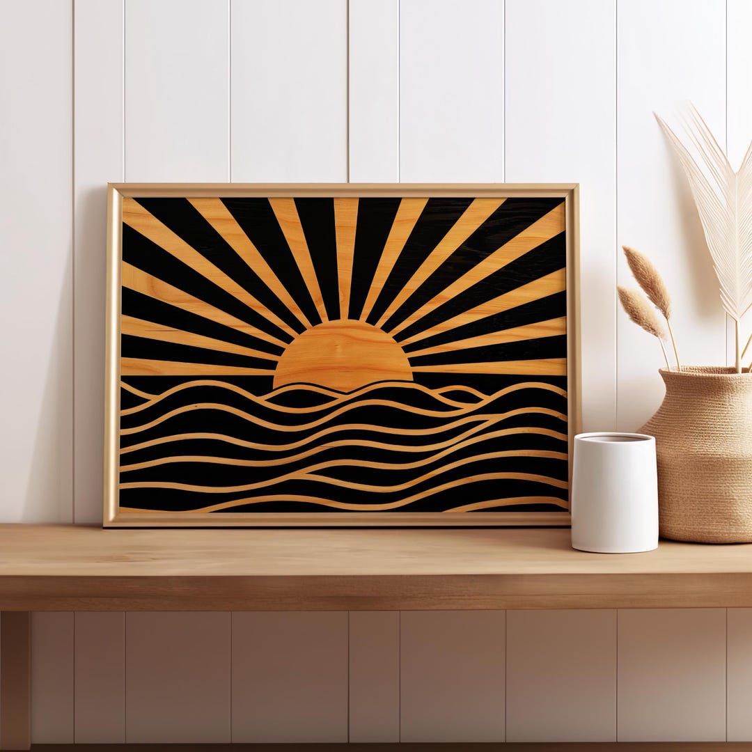Golden Sun Rise Over the Horizon Wooden Style Art Print Poster or ...