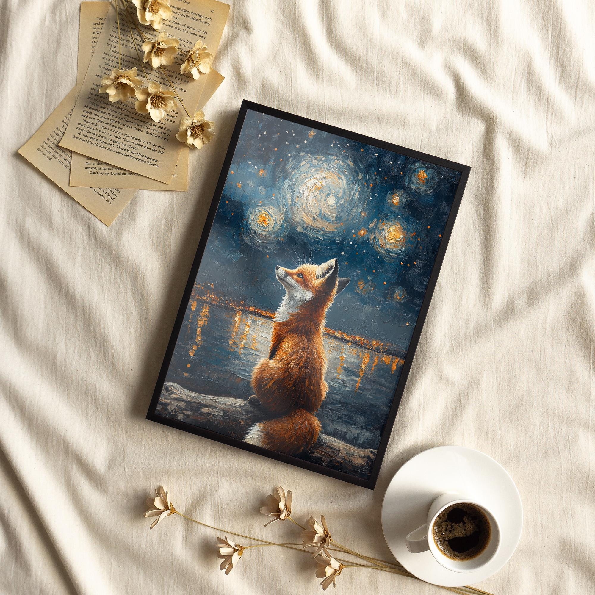 Red Fox Portrait Starry Night Sky Van Gogh Inspired Oil Painting Poster ...