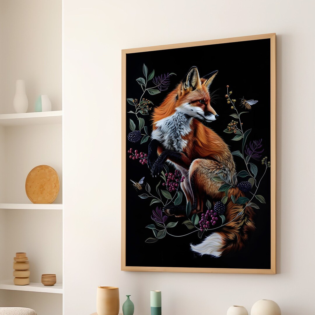 Fox With Berries and Bees Dark Art Print Canvas or Poster Print, Animal ...