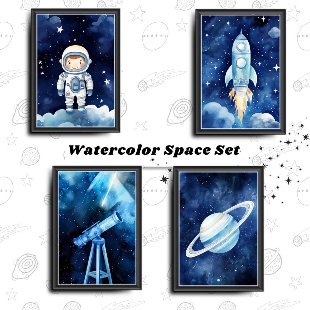 Watercolor Space Wall Art Set of 4 Canvas, Astronaut Spaceship Planet ...