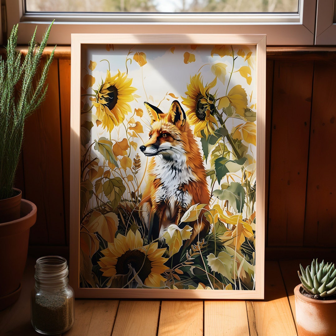 Fox in Sunflowers Field Poster Art Print, Botanical Fox Art Print ...