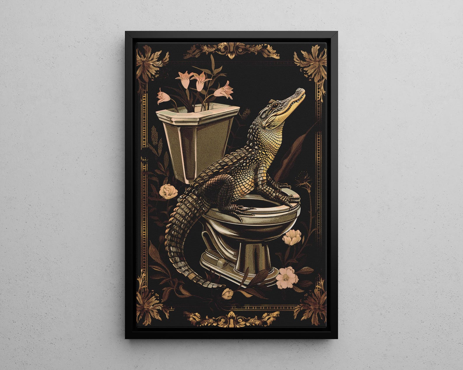 Botanical Alligator on the Toilet Floral Vintage Style Whimsical Wall ...