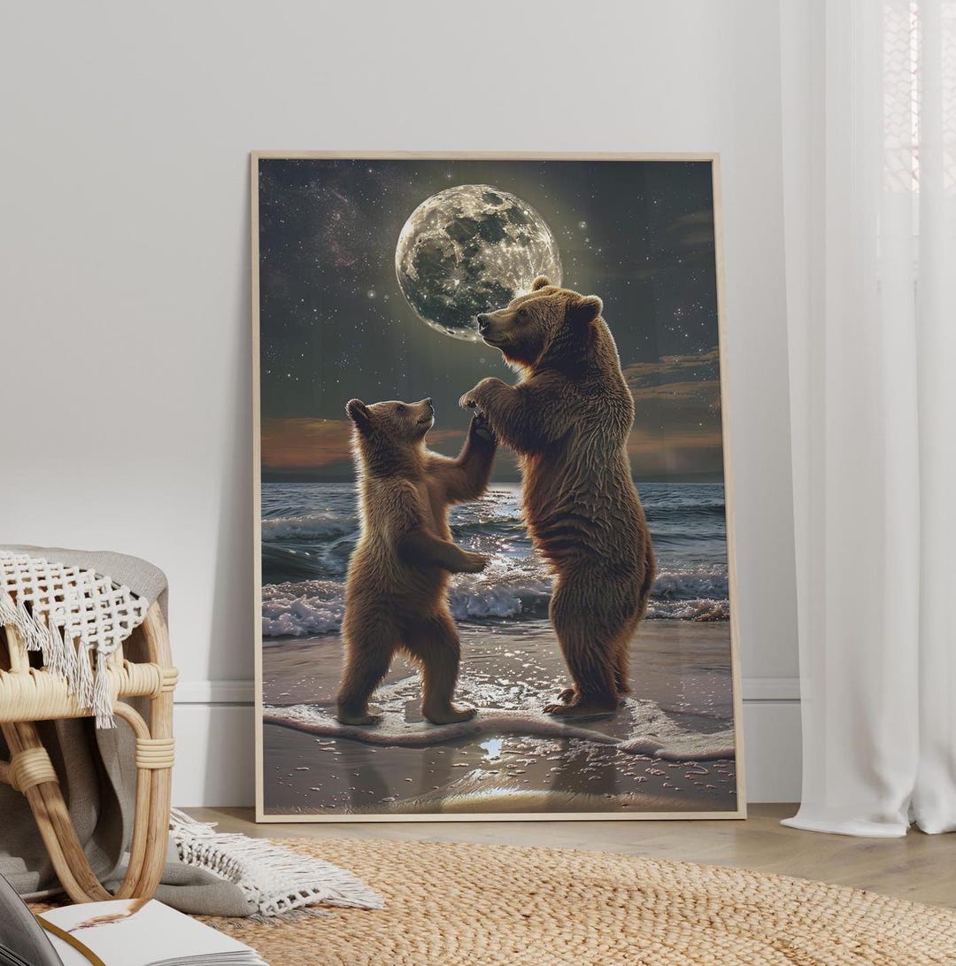 Mother Bear and Baby Bear Dancing Under the Moonlight Coastal Art ...