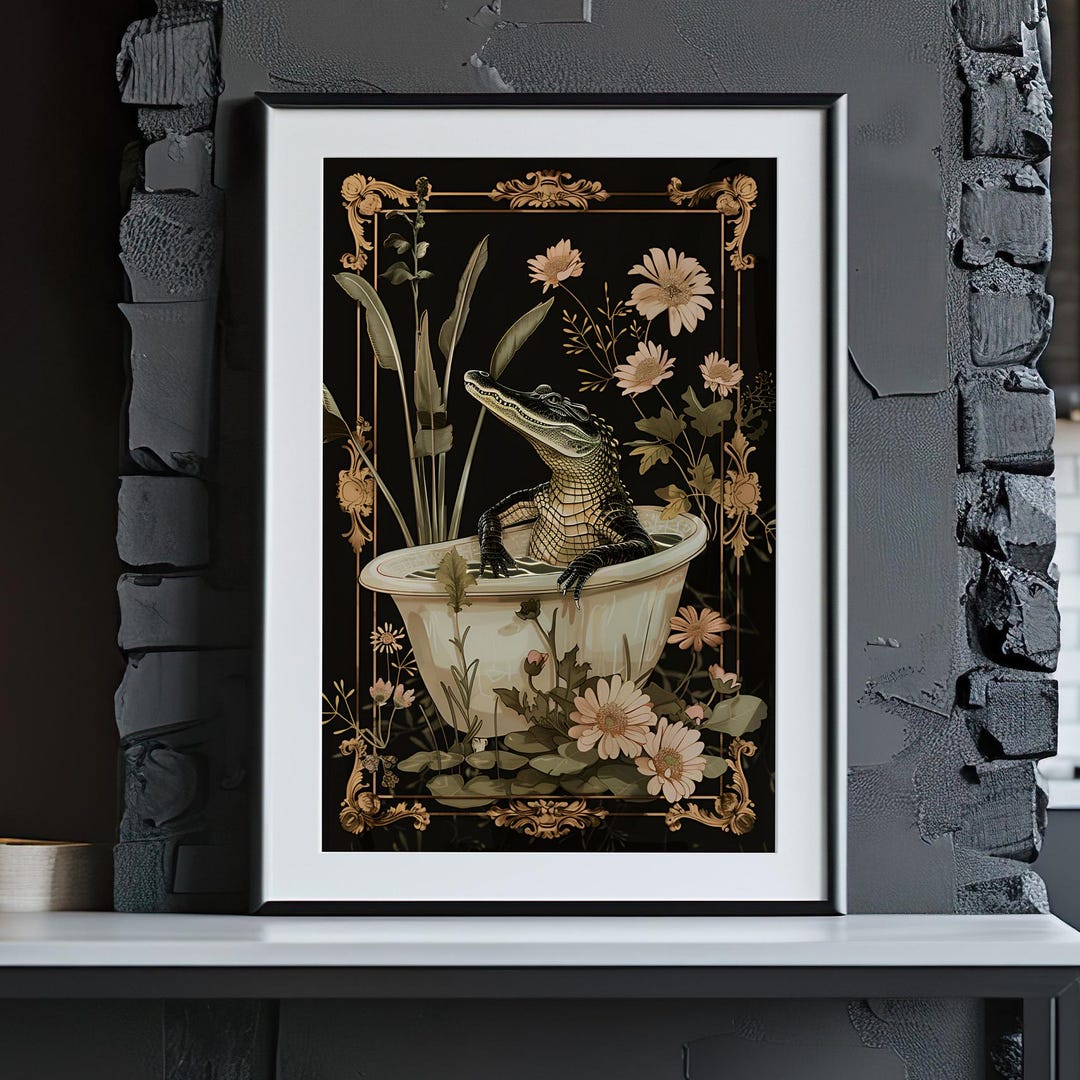 Floral Whimsical Crocodile Bath Botanical Poster or Canvas, Crocodile ...