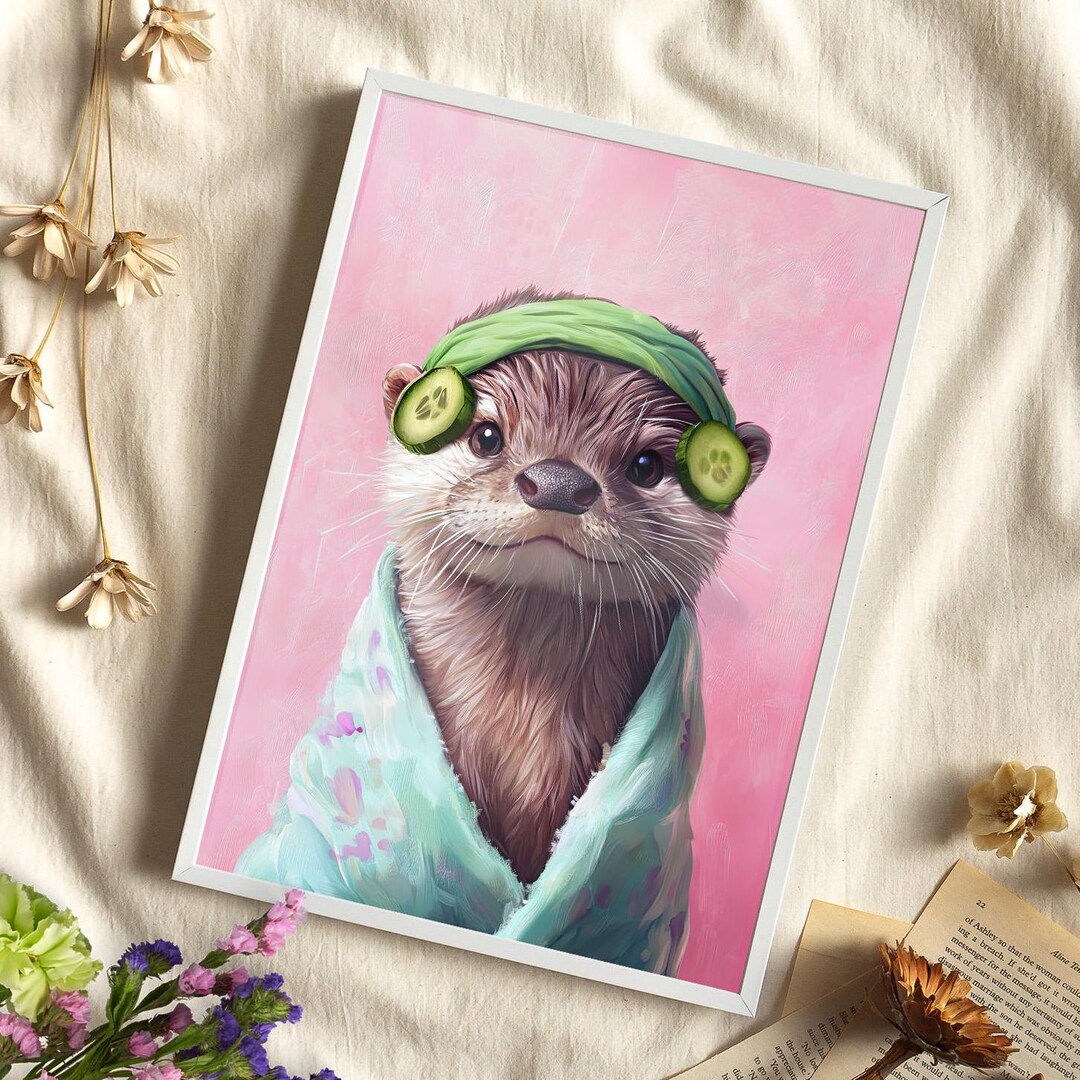 Cute Otter Pink Portrait Oil Painting Poster or Canvas, Preppy Wall Art ...