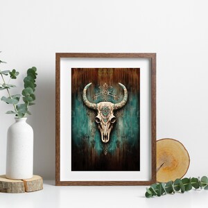 Aztec Bull Skull Art Print, Western Boho Country Style Bull Skull ...