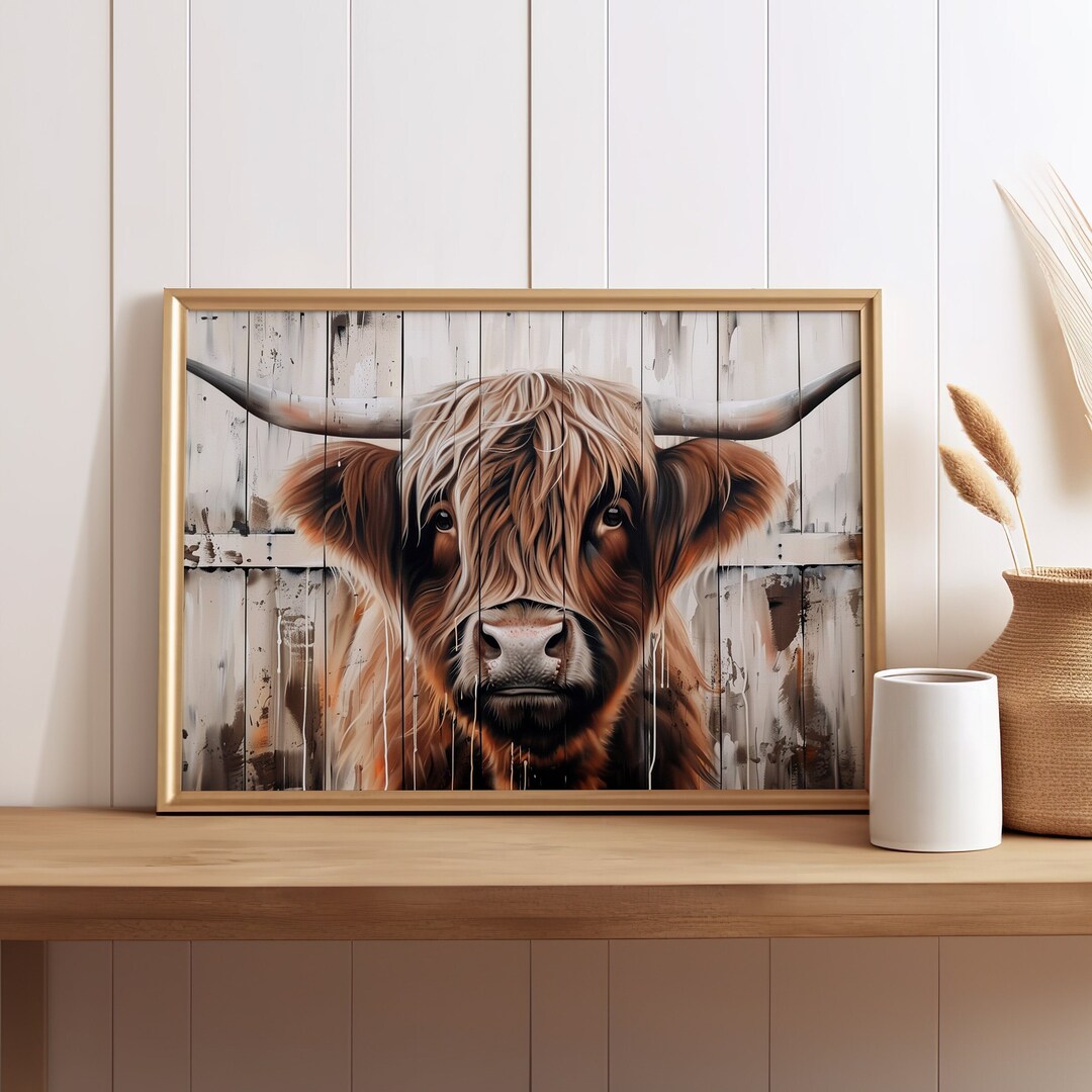 Highland Cow Rustic Painting, Modern Farmhouse, Wooden Background ...