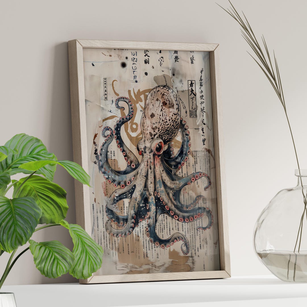 Japanese Octopus Vintage Art Print Canvas or Poster, Sea Life Japanese ...