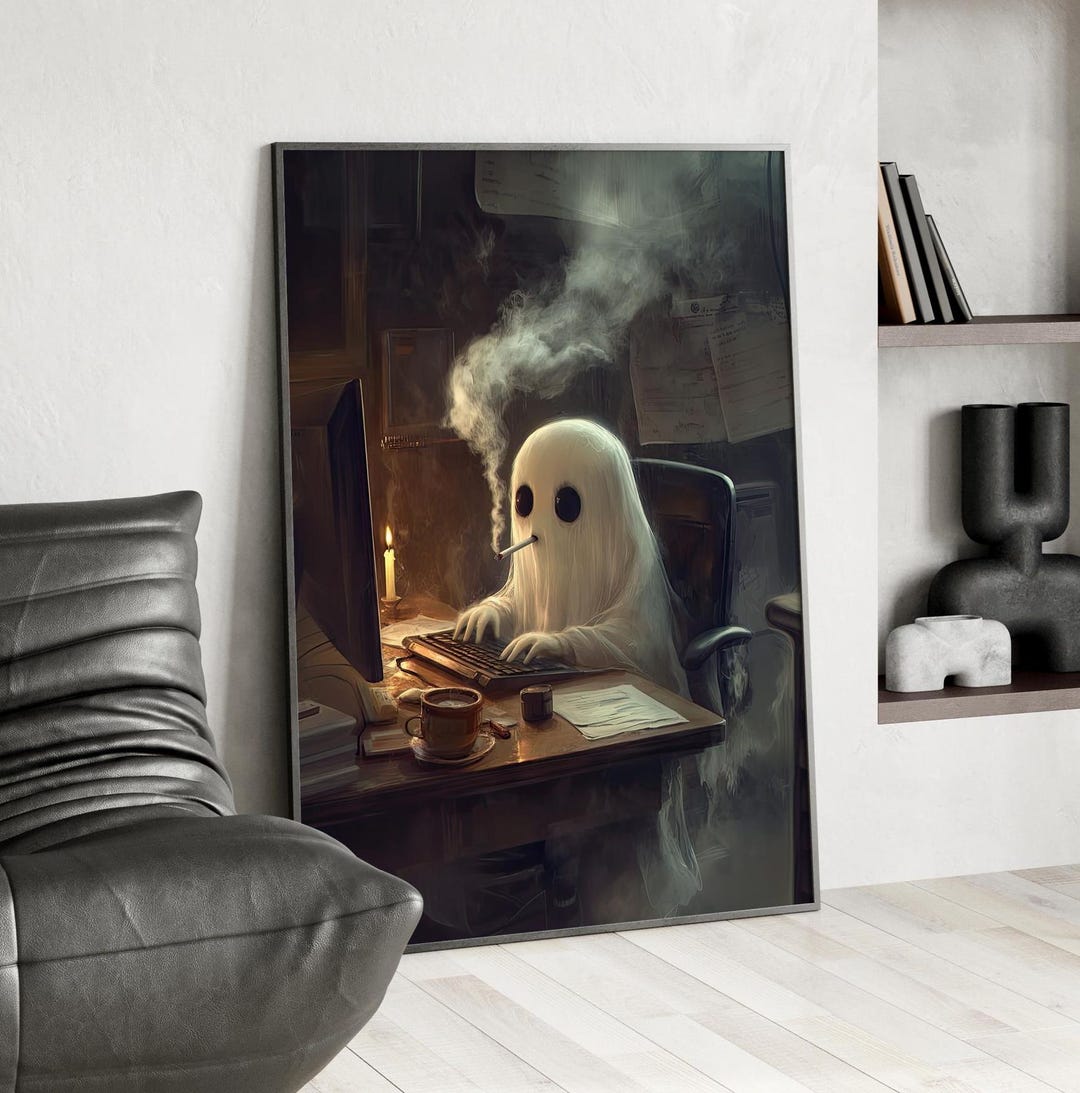 Funny Ghost at Computer Desk Working While Smoking Vintage Art Print ...