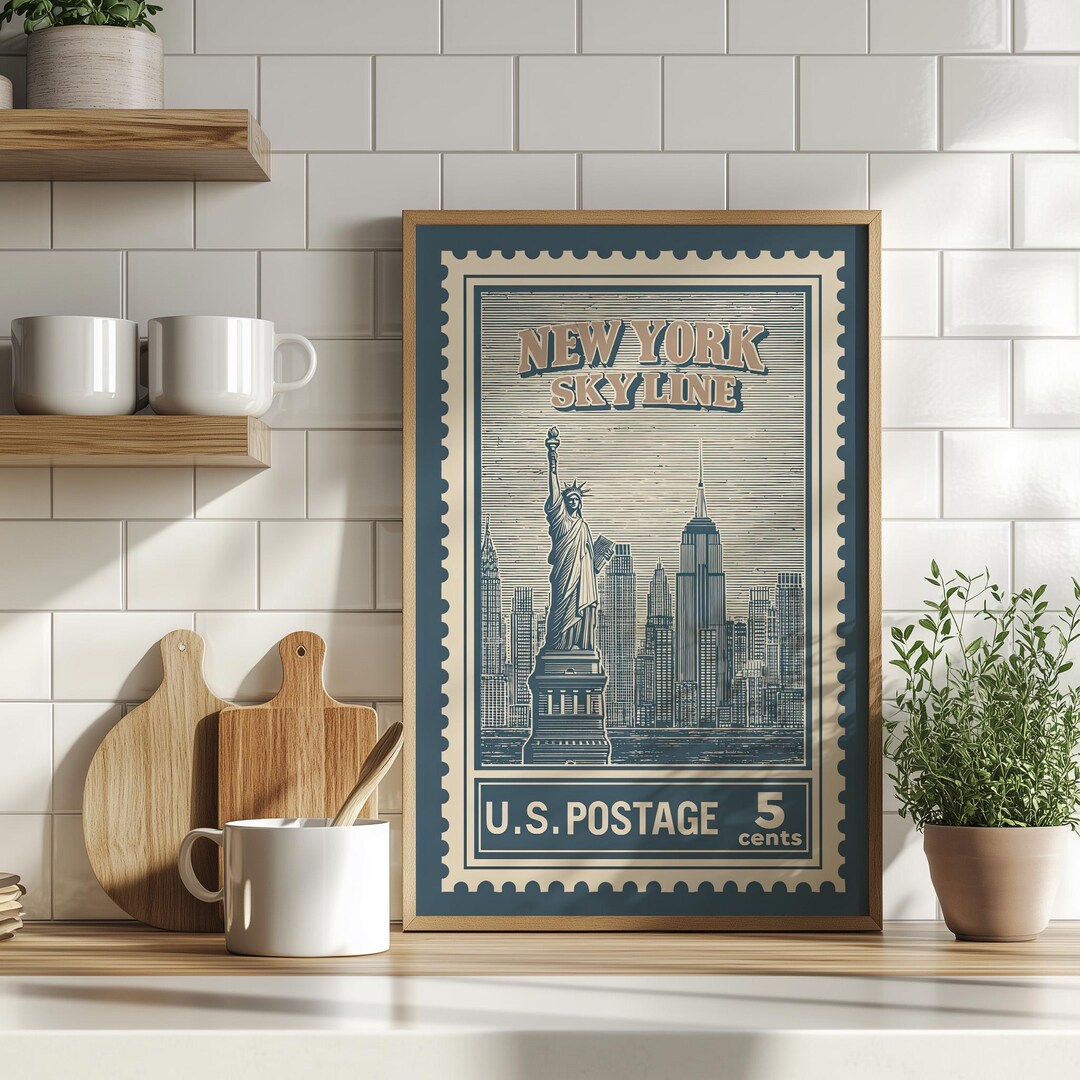 Vintage New York Skyline Stamp Art Print Poster or Canvas, Retro ...