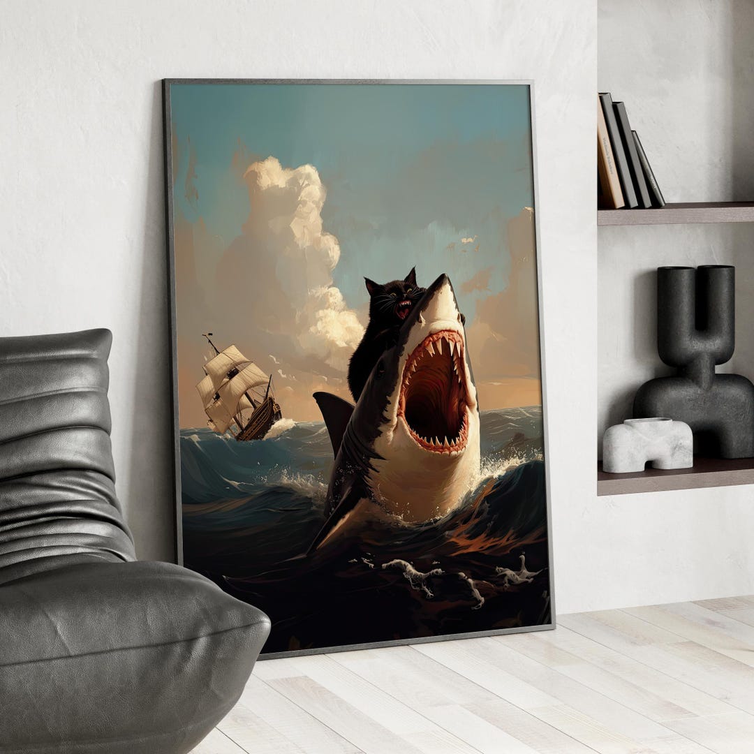 Black Cat Biting Shark Oil Painting Renaissance Style Art Poster or ...