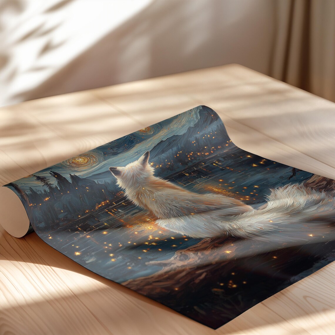 White Fox Van Gogh Inspired Starry Night Sky Oil Painting Poster or ...