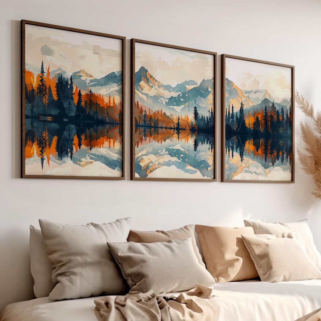 Mountain and Lake Panoramic View Set of 3 Wall Art Poster or Canvas ...
