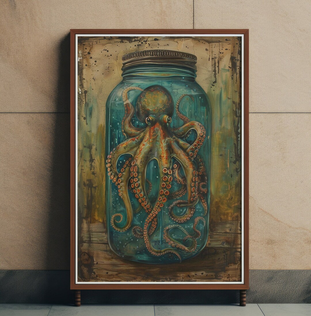 Octopus in Mason Jar Watercolor Art Print, Nautical Decor Sea Life Wall ...