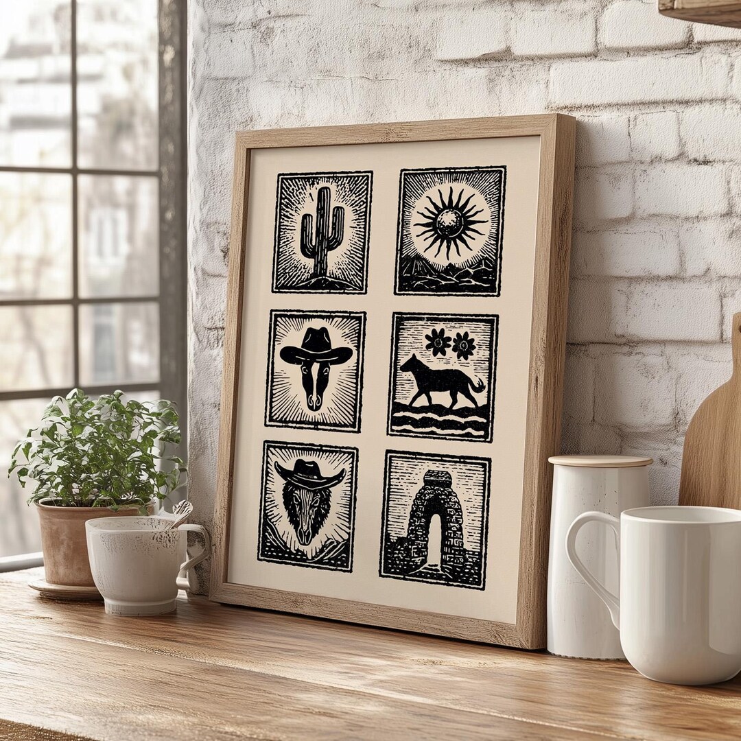 Western Desert Block Print Style Art Poster or Canvas Print, Boho ...