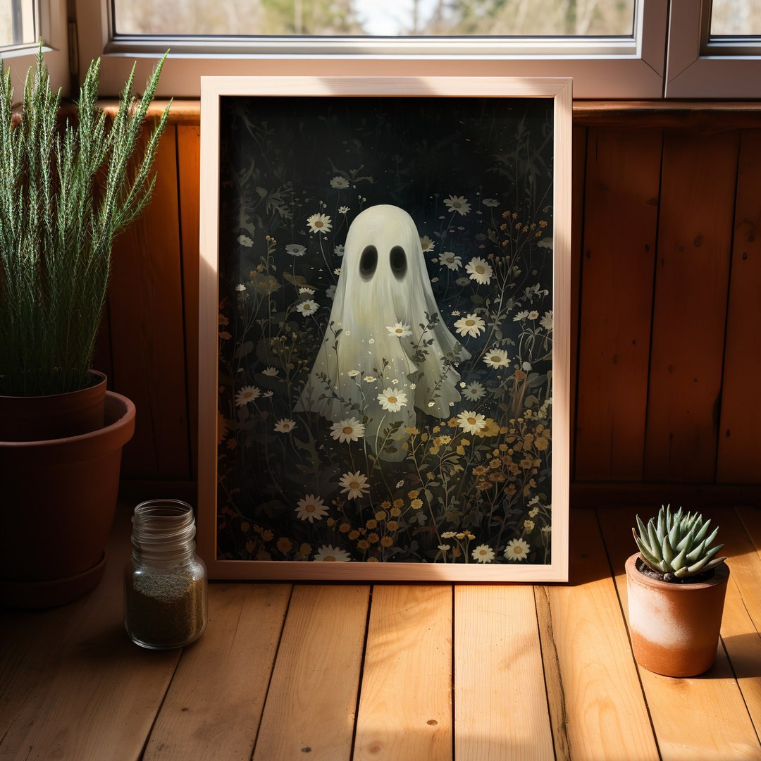 Whimsical Ghost With Wildflowers Wall Art or Canvas, Whimsigoth Decor ...