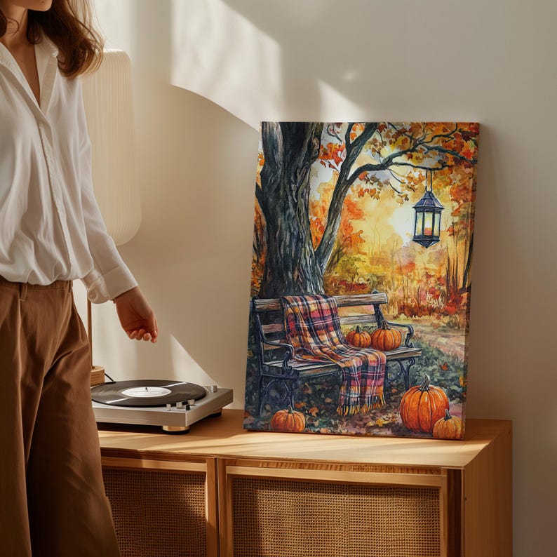 Autumn Bench Watercolor Painting Poster or Canvas Print, Pumpkins Fall ...
