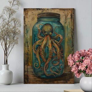 Octopus in Mason Jar Watercolor Art Print, Nautical Decor Sea Life Wall ...