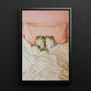 Romantic Couple Frog in Bed Canvas Poster, Whimsical Retro Frog ...