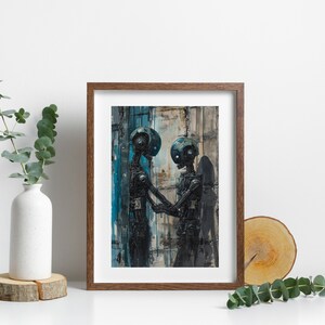 Whimsical Robot Couple Wall Art, Modern Robot Print, Humanoid Lover ...