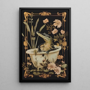 Floral Whimsical Crocodile Bath Botanical Poster or Canvas, Crocodile ...